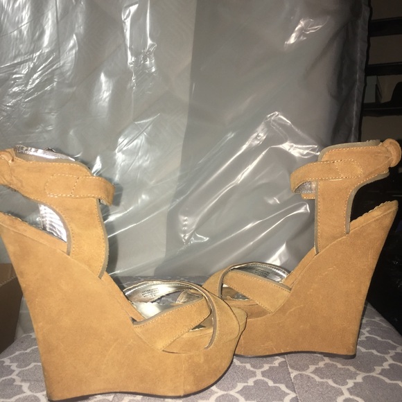 bebe | Shoes | Bebe Cognac Bebe Wedge Sandal | Poshmark